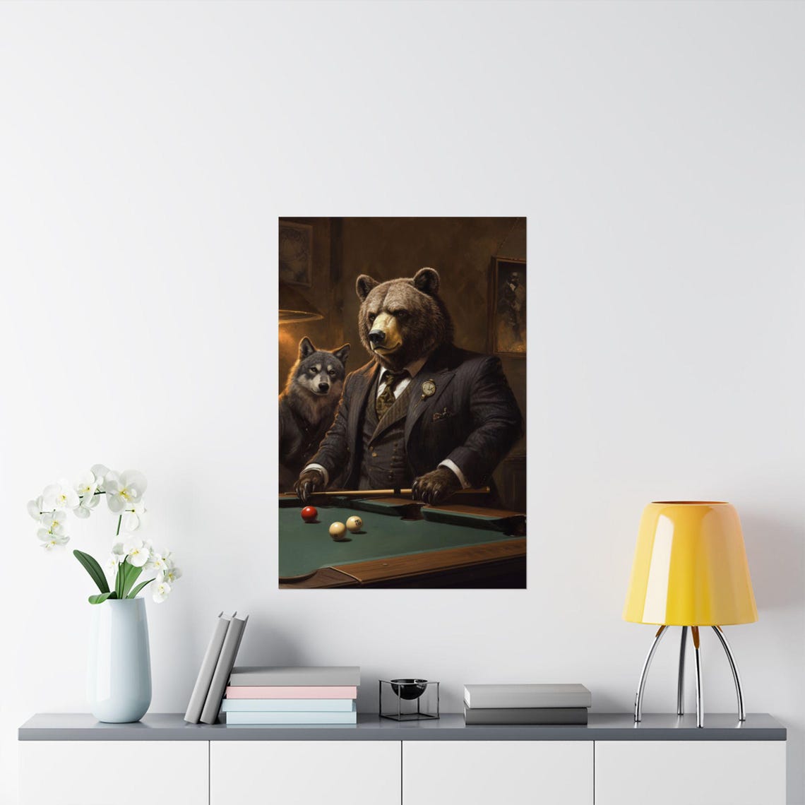 Bear and Wolf Billiards Scene Wall Art - Vintage Animal Pool Room Decor for Game Rooms and ...
