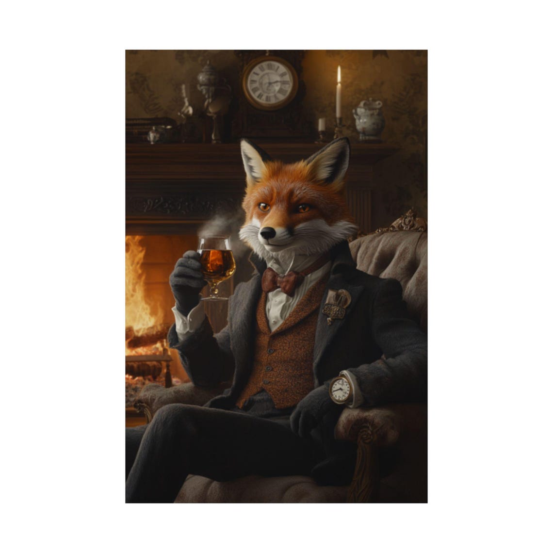 Sophisticated Fox Wall Art - Stylish Fox in Suit by Fireplace, Perfect ...