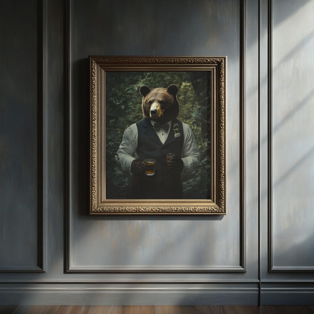 Dapper Bear With Whiskey Wall Art - Sophisticated Forest Animal Holding ...
