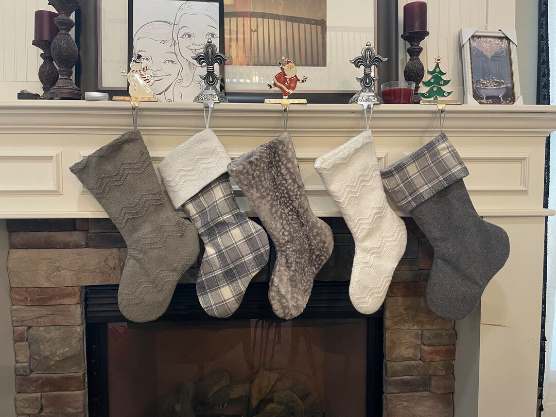 Creamy Gray Christmas Stocking Set, Faux Fur, Sweater Knit Stocking ...