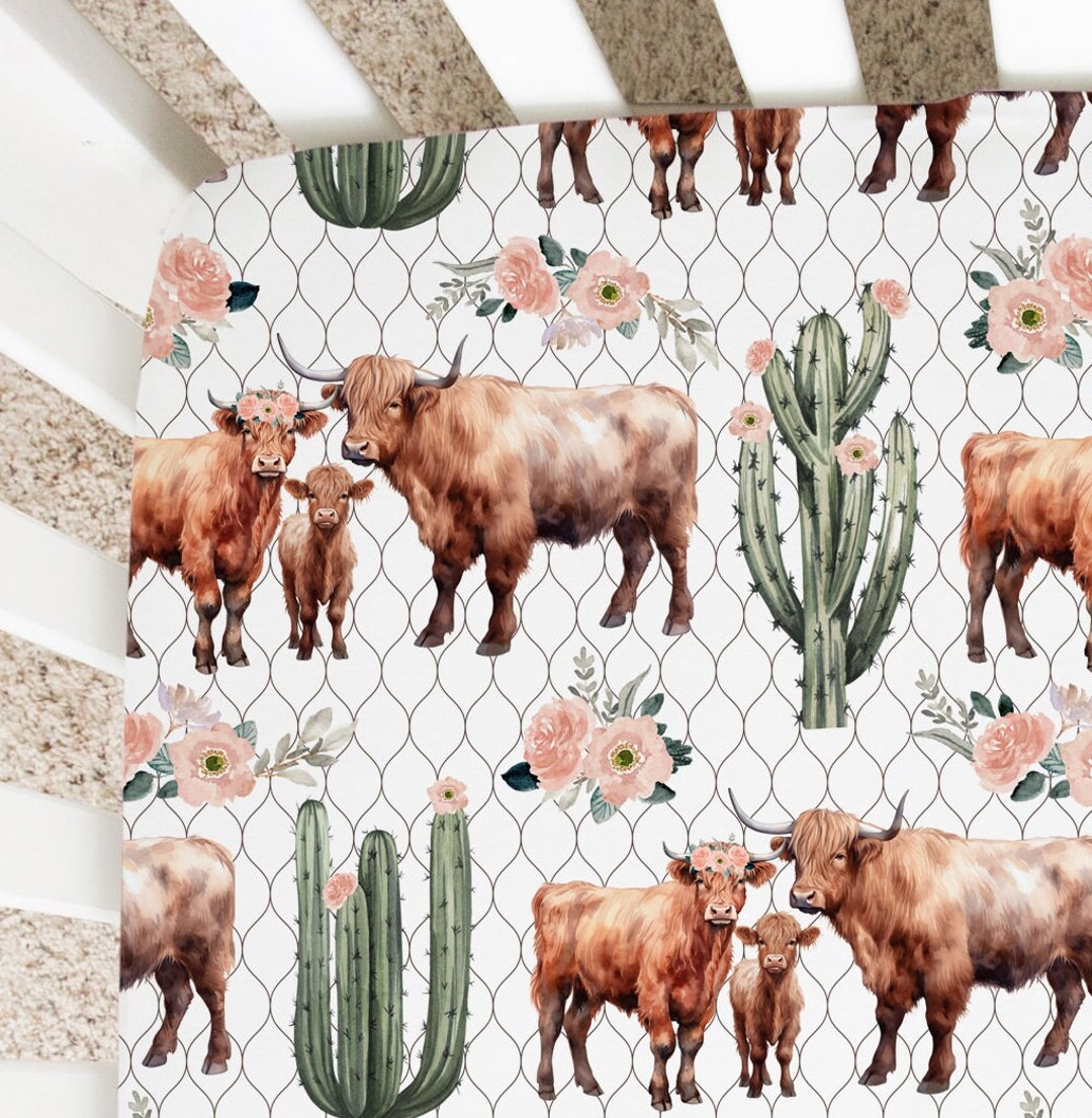 Floral Crib Sheet, Highland Cow Nursery, Blush Pink Crib Bedding, Farm ...