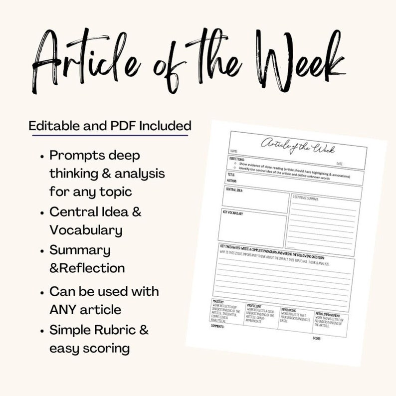 Article of the Week Worksheet for ANY Article Instant Download Graphic ...