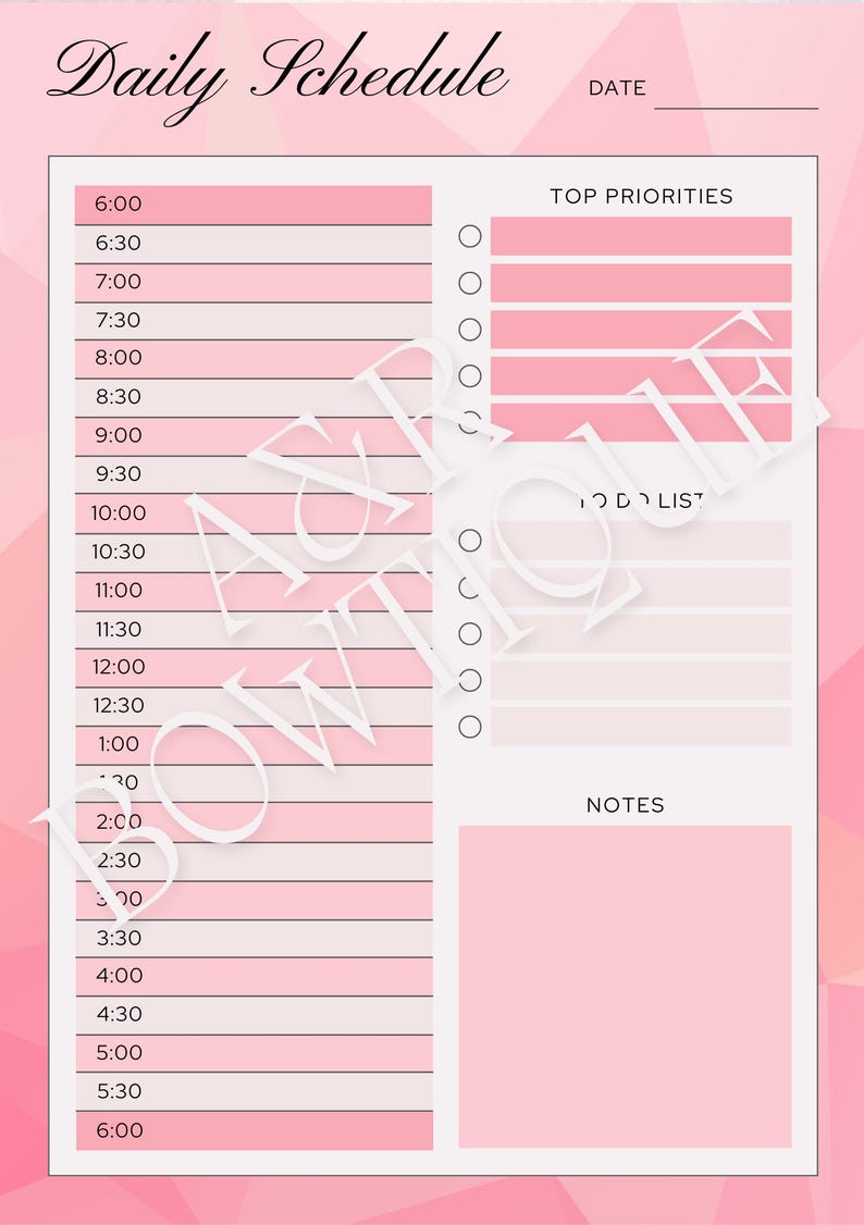 Printable Daily Schedule Template -5 Colors - Etsy