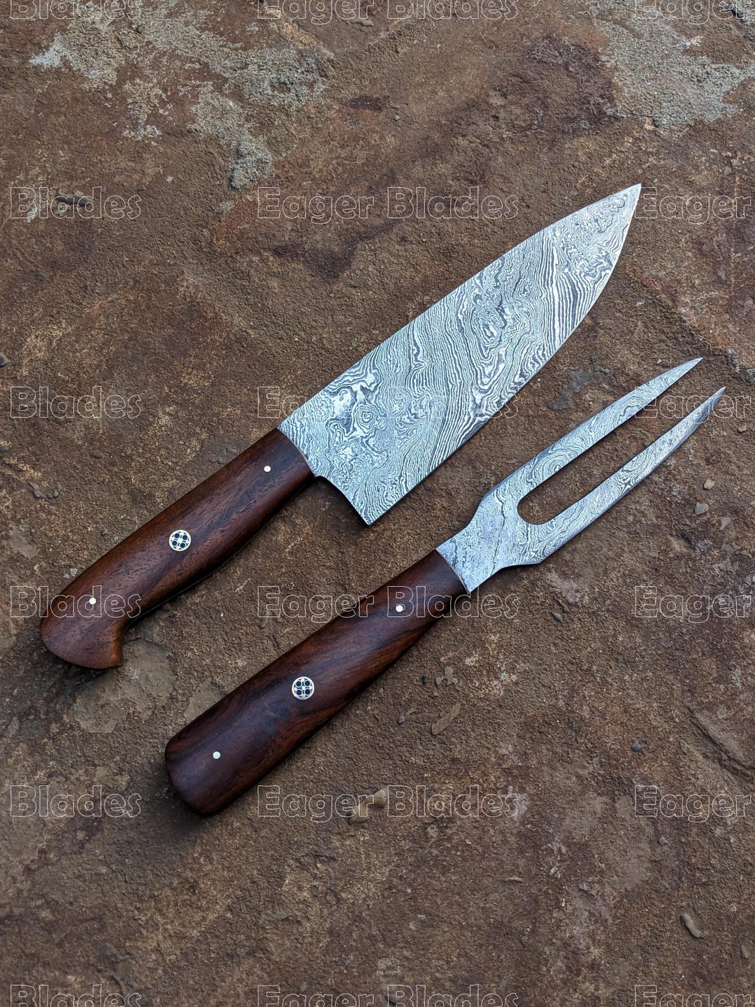 Damascus BBQ Knives Set 2pcs Handmade Chef Knife and Fork Carving ...