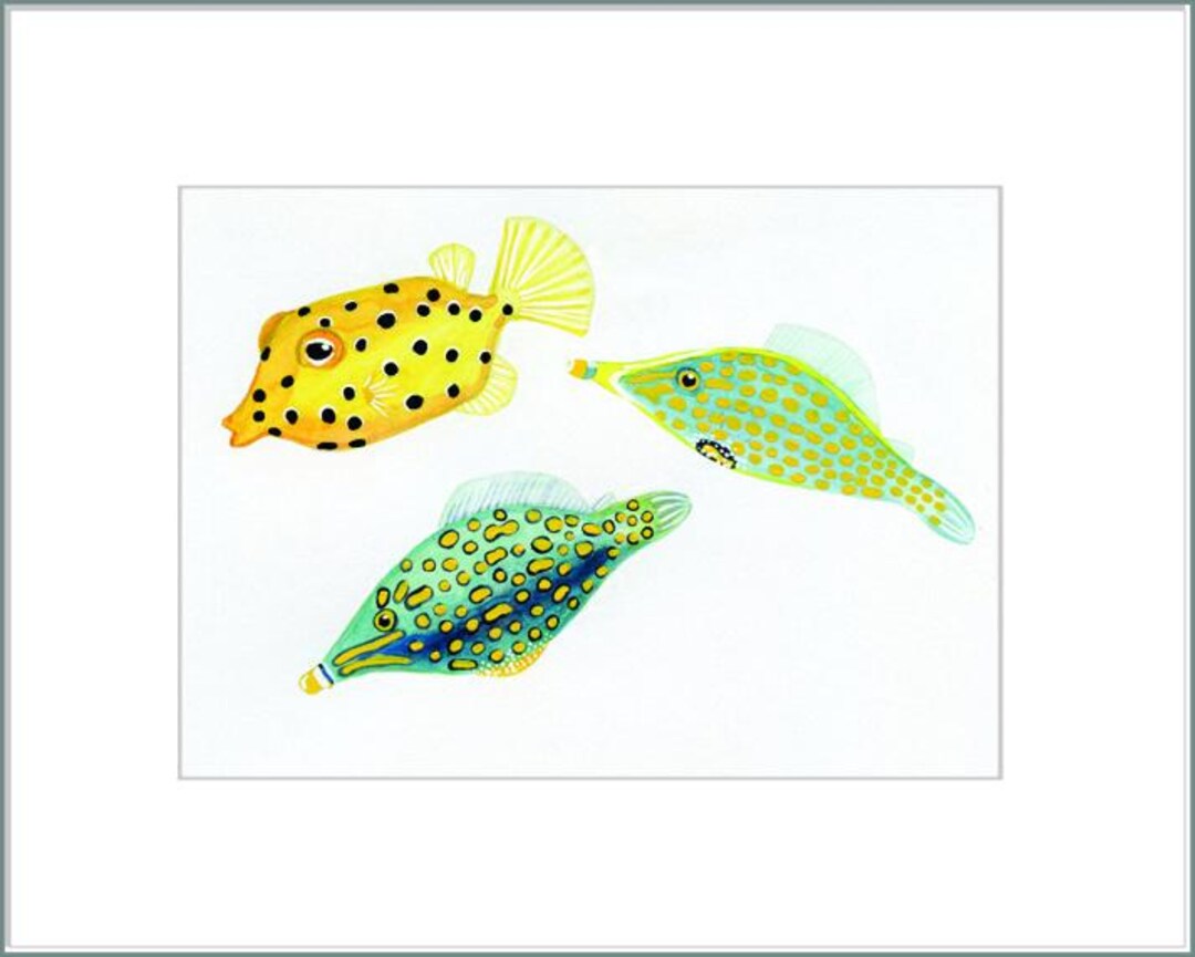 Yellow Boxfish and Filefish, Watercolor, Reef, Sea, Ocean, Coral ...