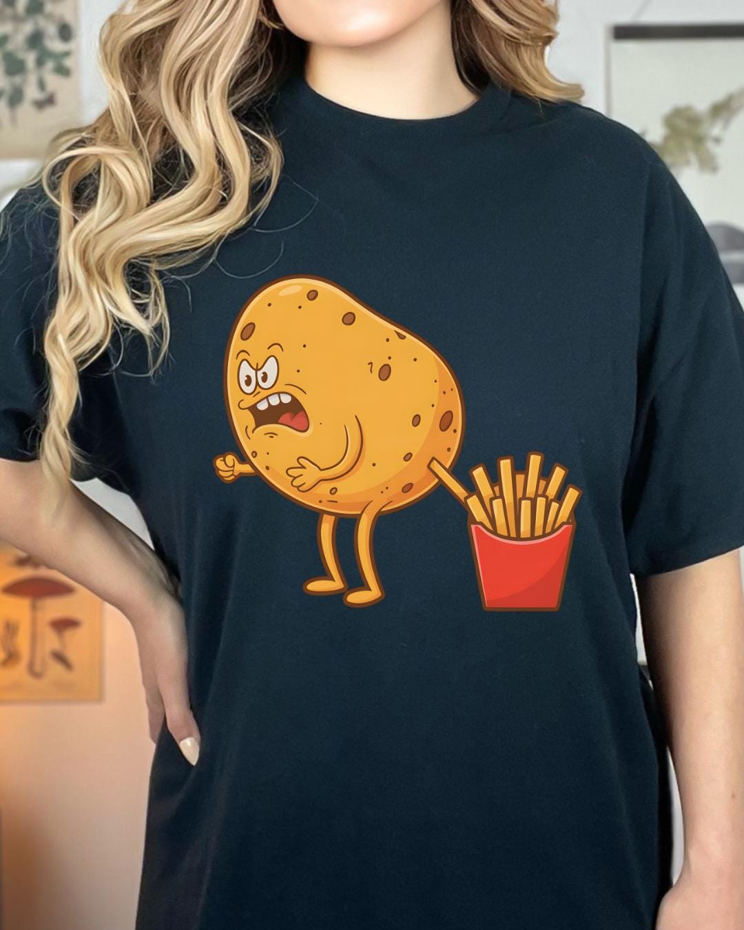 Funny Fast Food Potato Pooping Shirt, Quirky Food Humor Top, Casual ...