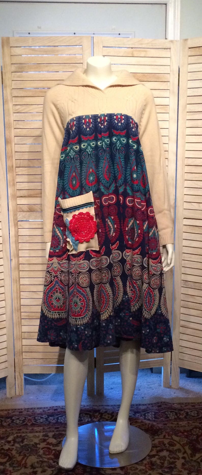 Upcycled Dress Vintage Indian Block Print Junk Boho Chic Sweater Dress ...
