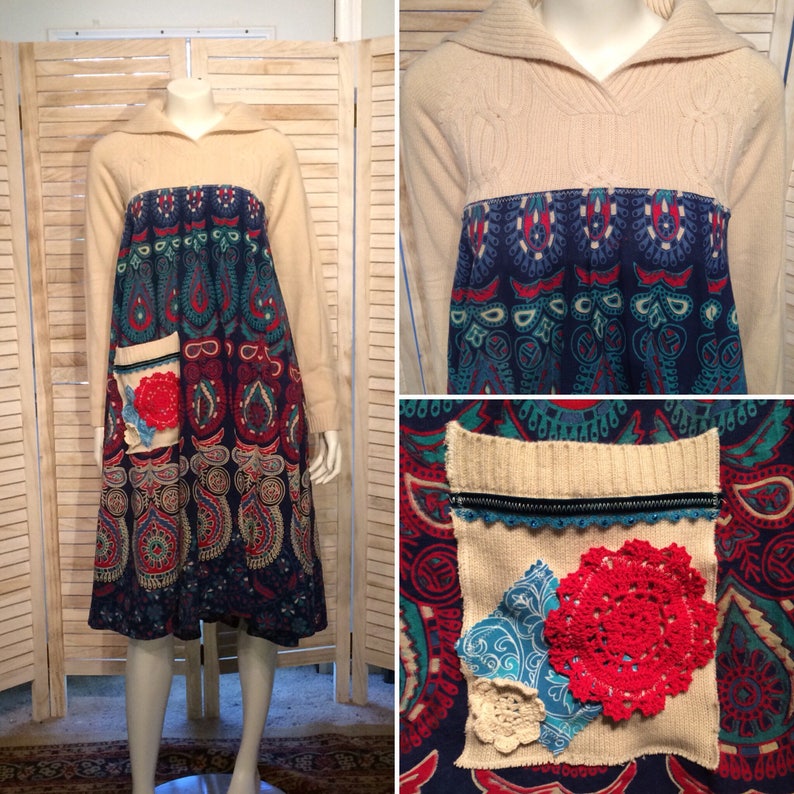 Upcycled Dress Vintage Indian Block Print Junk Boho Chic Sweater Dress ...
