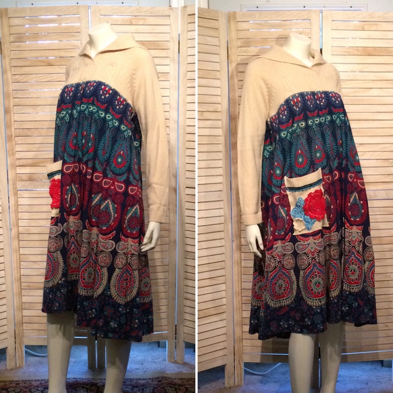 Upcycled Dress Vintage Indian Block Print Junk Boho Chic Sweater Dress ...