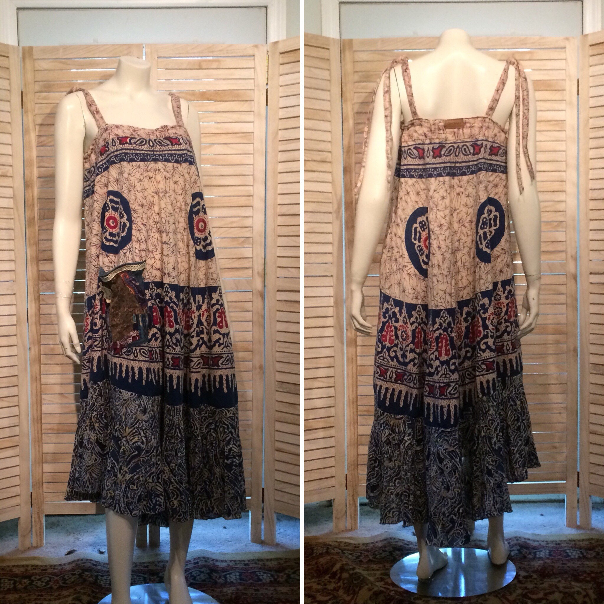 Vintage Dress Indian Block Print Tiered Maxi Sundress Upcycled Clothing ...