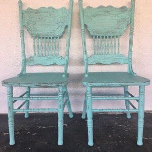 Vintage Wood Rustic Dining Chairs Set 2 Turquoise Color Cottage Dining ...