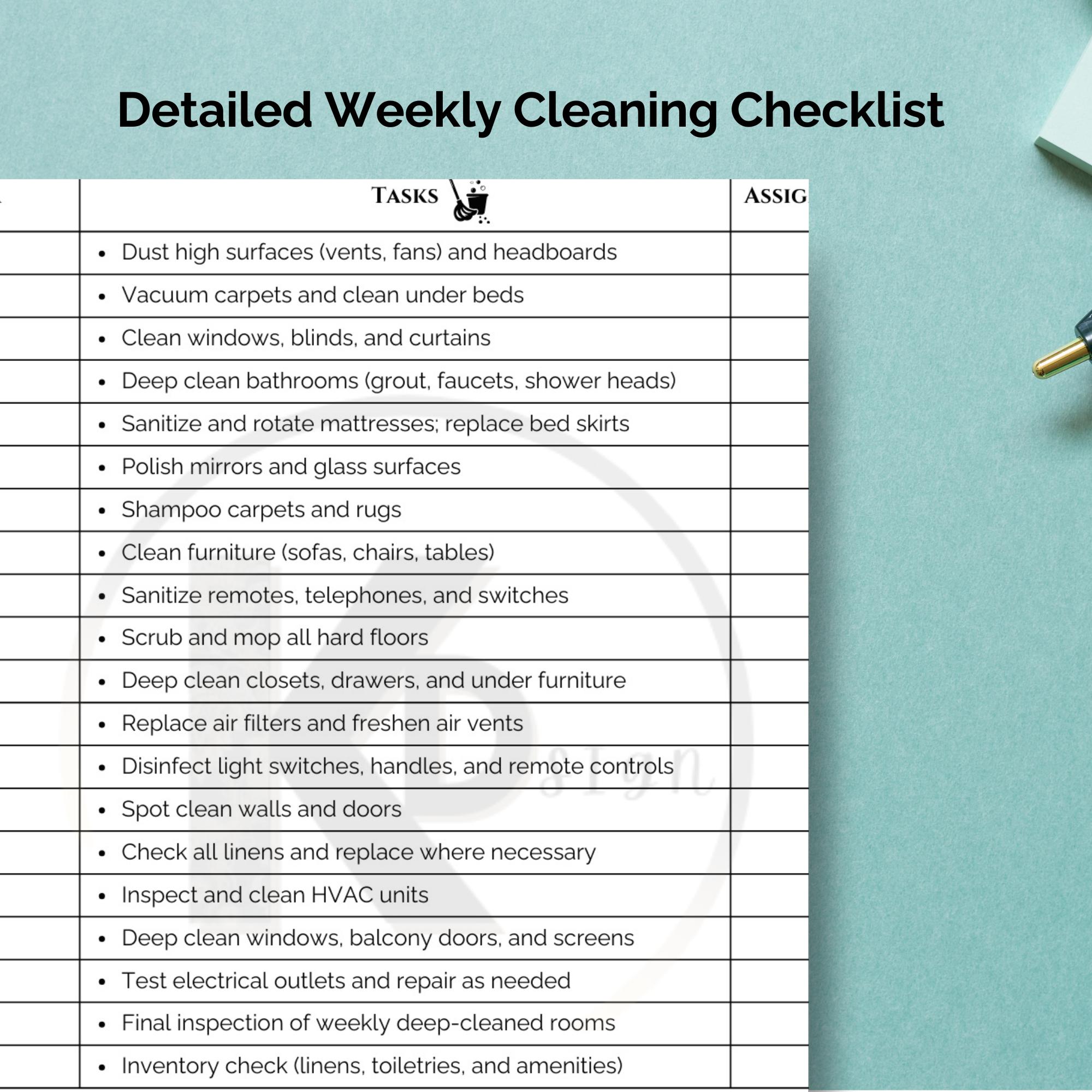 Editable Hotel Room Deep Cleaning Checklist, Weekly Housekeeping ...