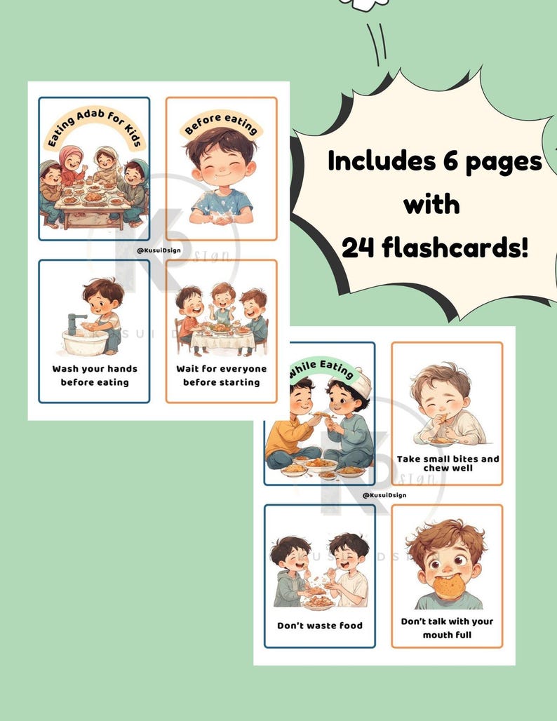 Islamic Manners Flashcards for Kids – Printable Eating Adab Cards Teaching Etiquette & Good ...