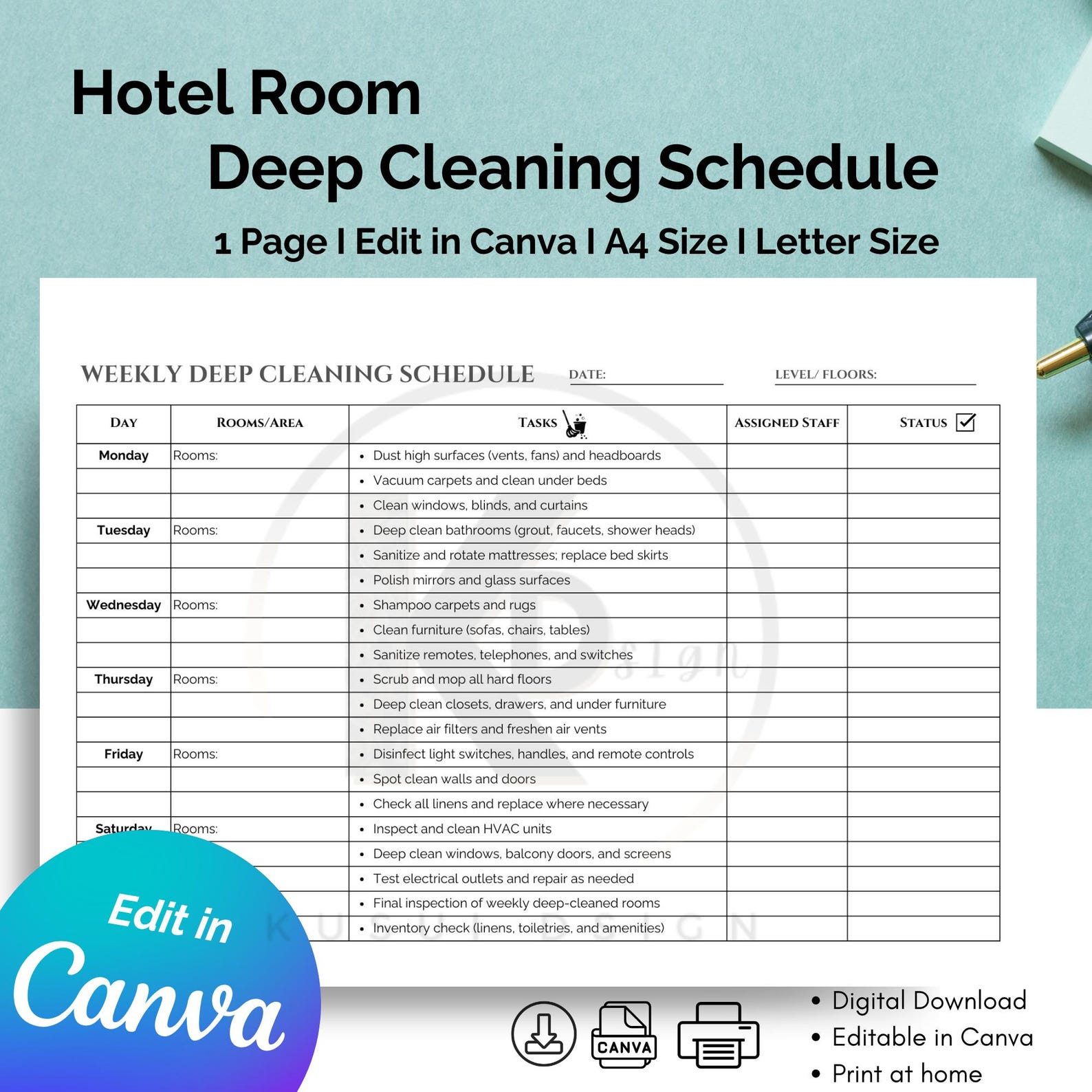 Editable Hotel Room Deep Cleaning Checklist, Weekly Housekeeping ...