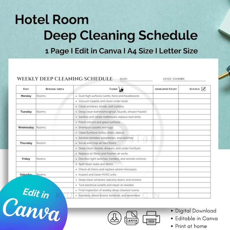 Editable Hotel Room Deep Cleaning Checklist, Weekly Housekeeping ...