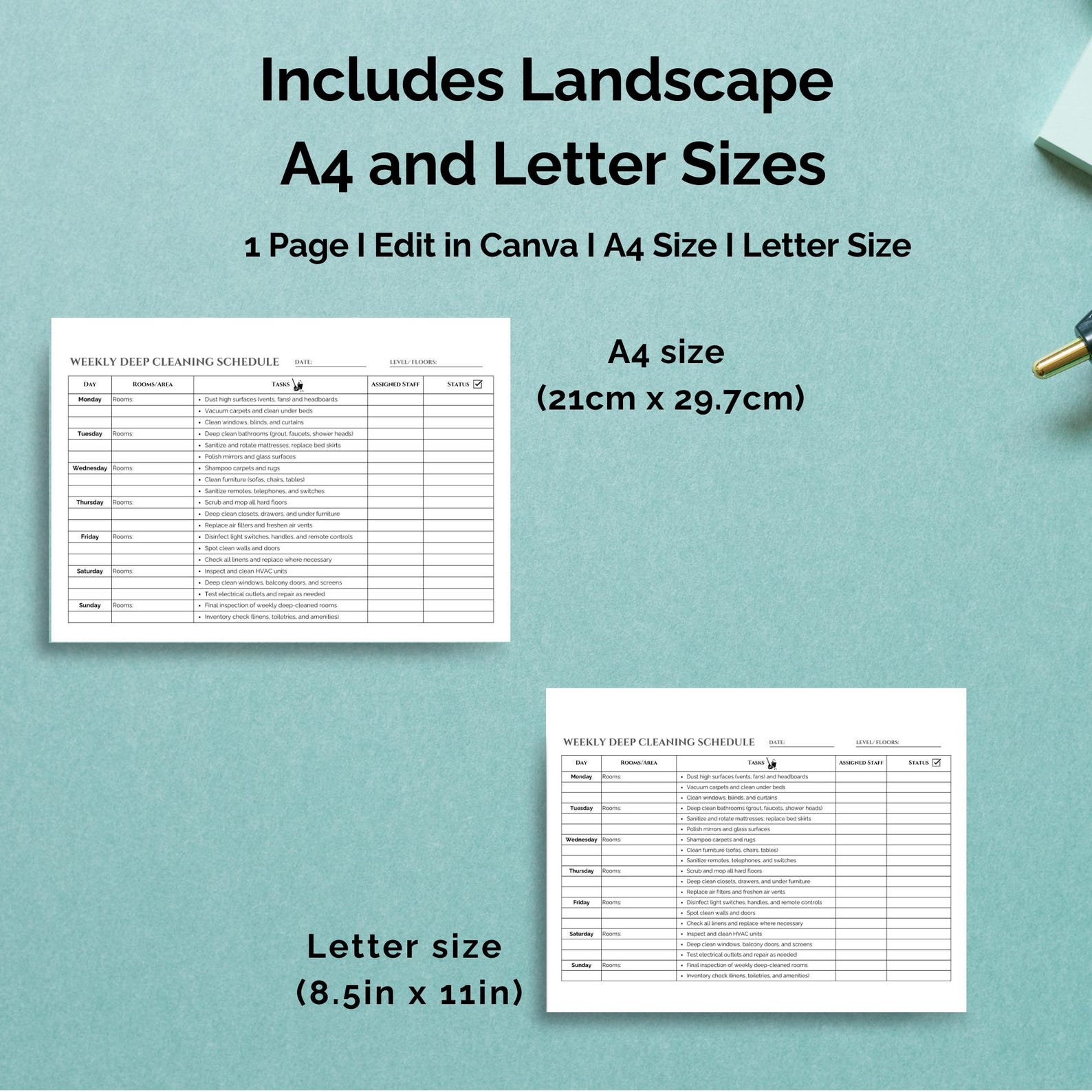 Editable Hotel Room Deep Cleaning Checklist, Weekly Housekeeping ...