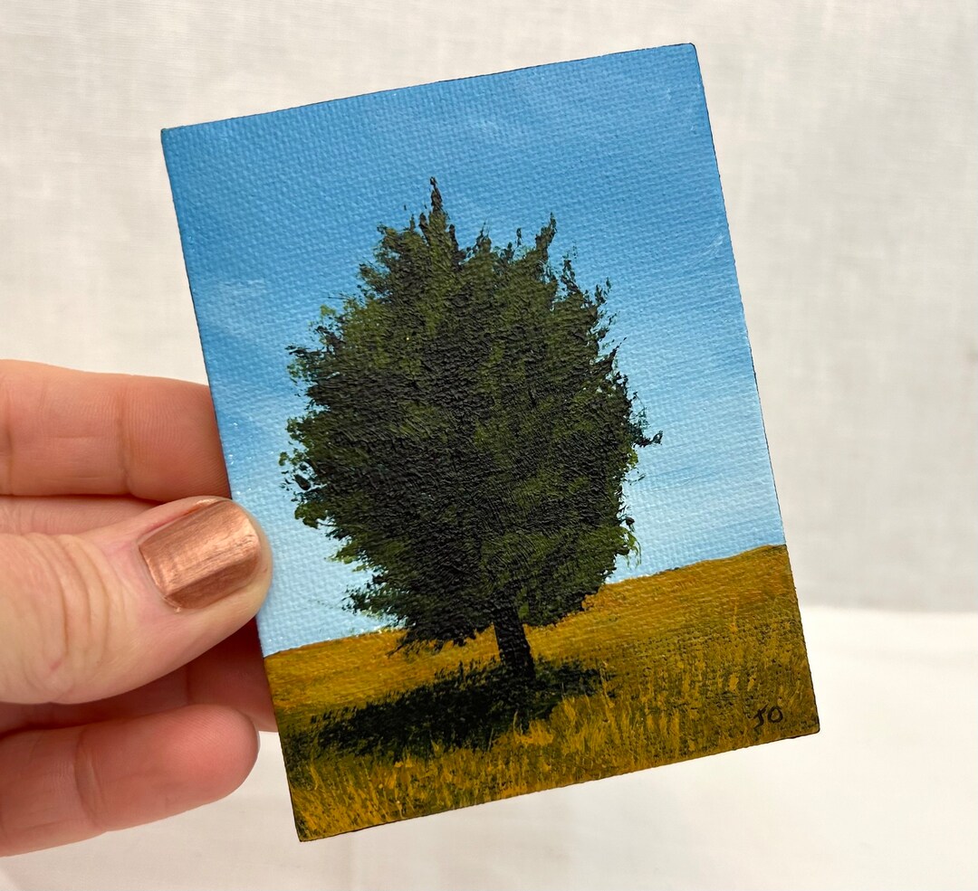 Evergreen in Field Original Acrylic 3x4 Painting on Small Canvas With ...