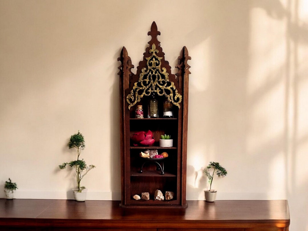 Gothic Crystal Shelf , Oak and Gold Vintage Storage Display, Goth Altar ...