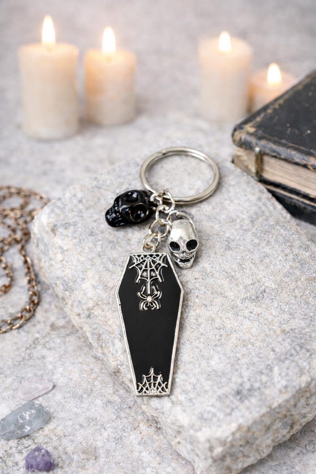 Coffin Keychain: Skull and Spiderweb Charm - Spooky Bag Clip - Etsy