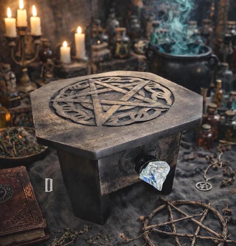 Pentagram Wood Altar Table With Crystal, Mini Witch Ritual Table - Etsy