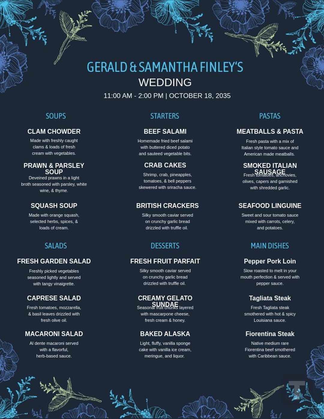 Dark Blue Menu for Wedding Dinner - Etsy