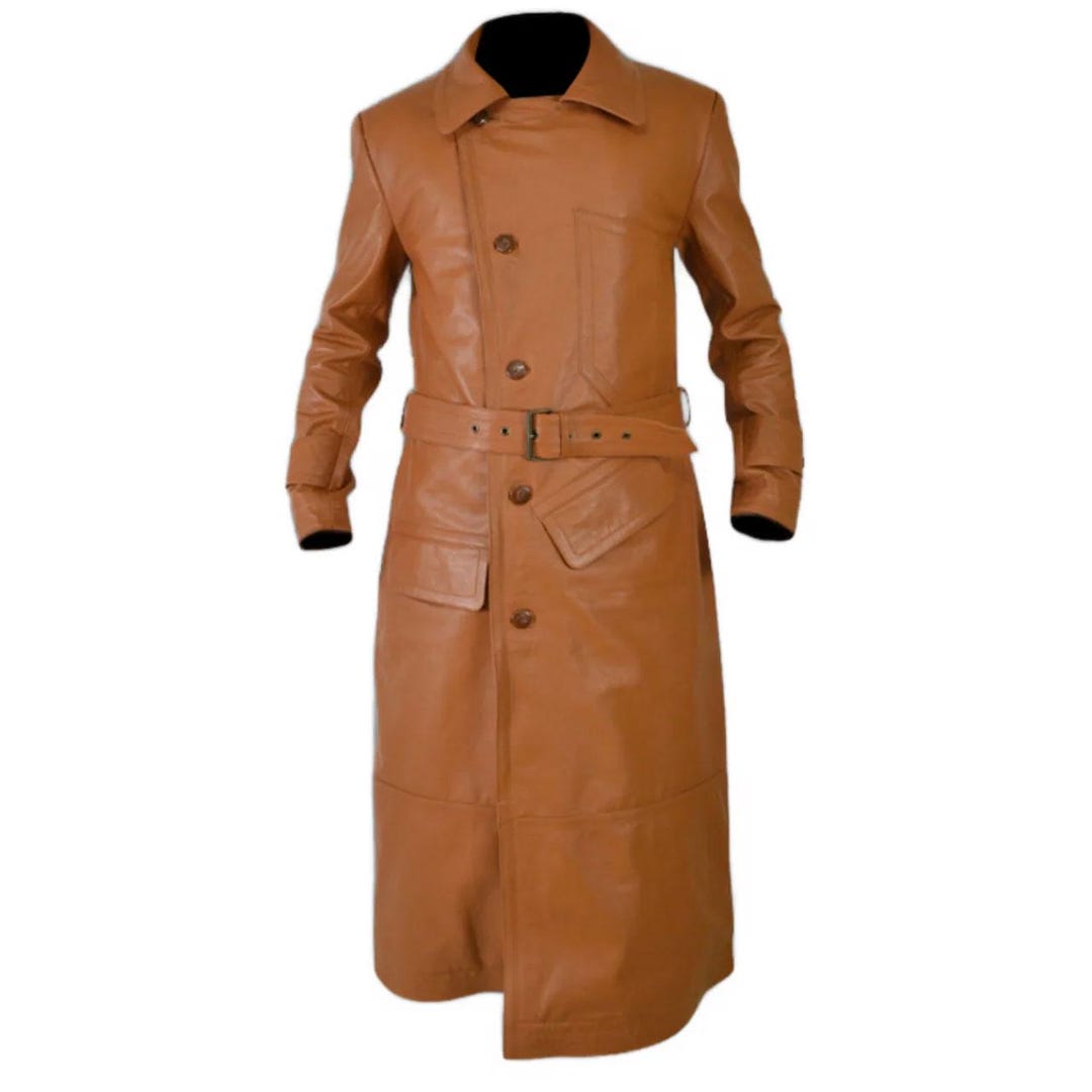 Genuine Cowskin Full Length Trench Leather Coat Handmade Long Overcoat ...