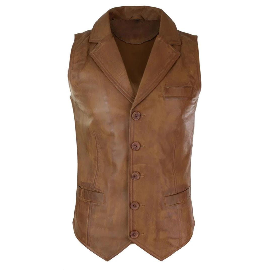 Mens Real Leather Tan Brown Black Smart Casual Gilet Waistcoat Vintage ...