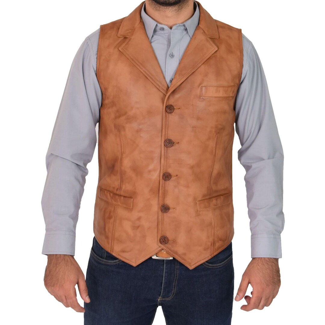 Mens Leather Buttoned Waistcoat Gilet Tan Men Leather Winter Lambskin ...