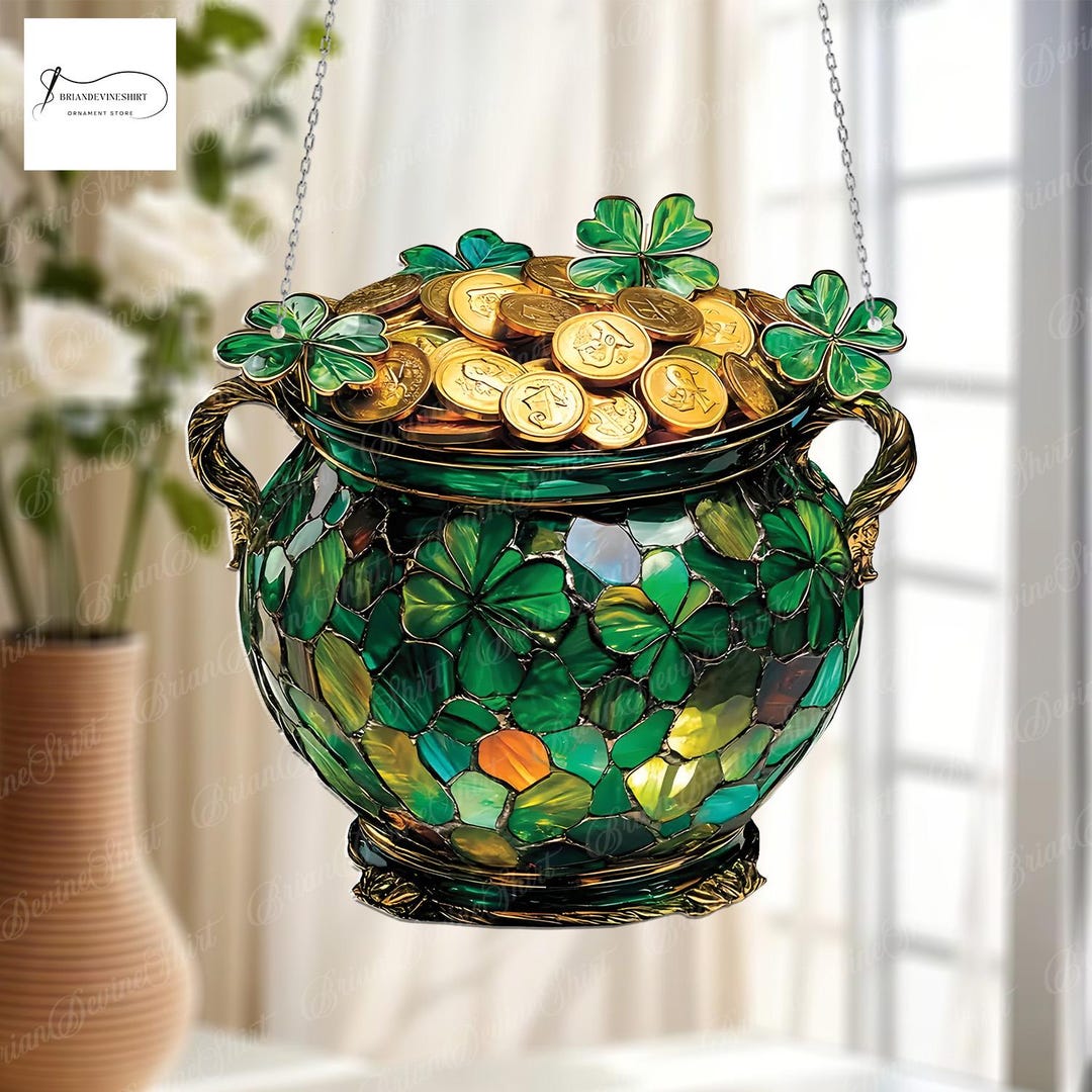 Lucky Shamrock Pot With Gold Coins Acrylic 2D Flat Window Hanging, St ...