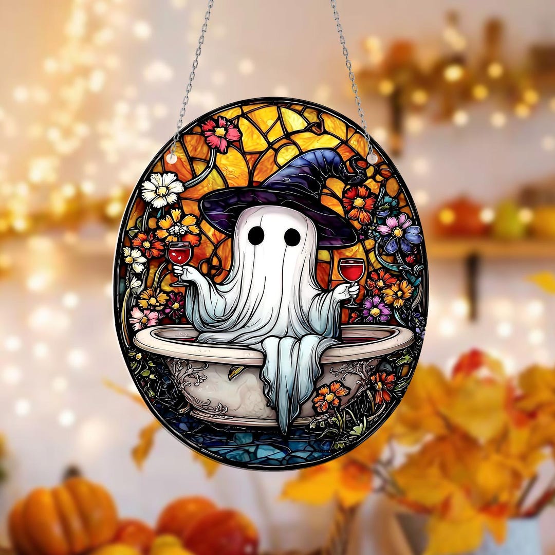 Relaxing Ghost Witch Halloween Window Hanging, Cute Bathtub Acrylic ...
