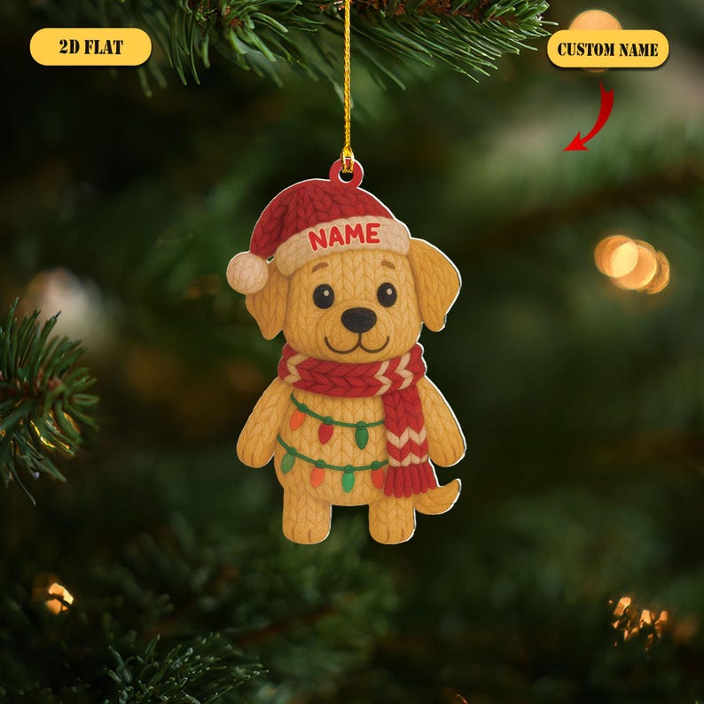 Personalized Dog Christmas 2D Flat Ornament, Cute Knitted Puppy Decor ...