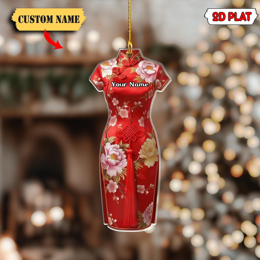 Personalized Cheongsam 2D Flat Acrylic Ornament, Custom Name Red Floral ...
