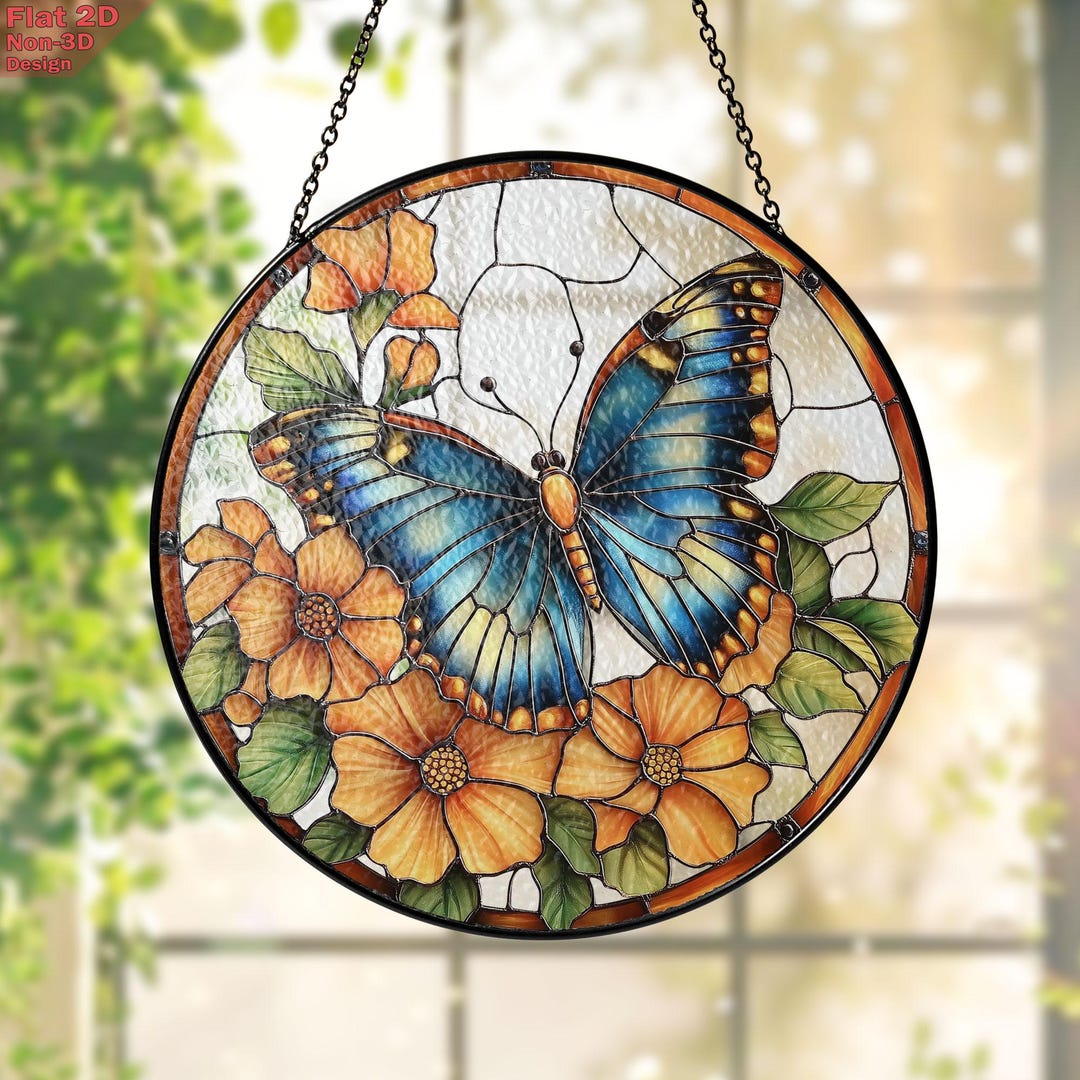 Blue Butterfly Stained Glass Suncatcher, Floral Window Hanging, Nature ...