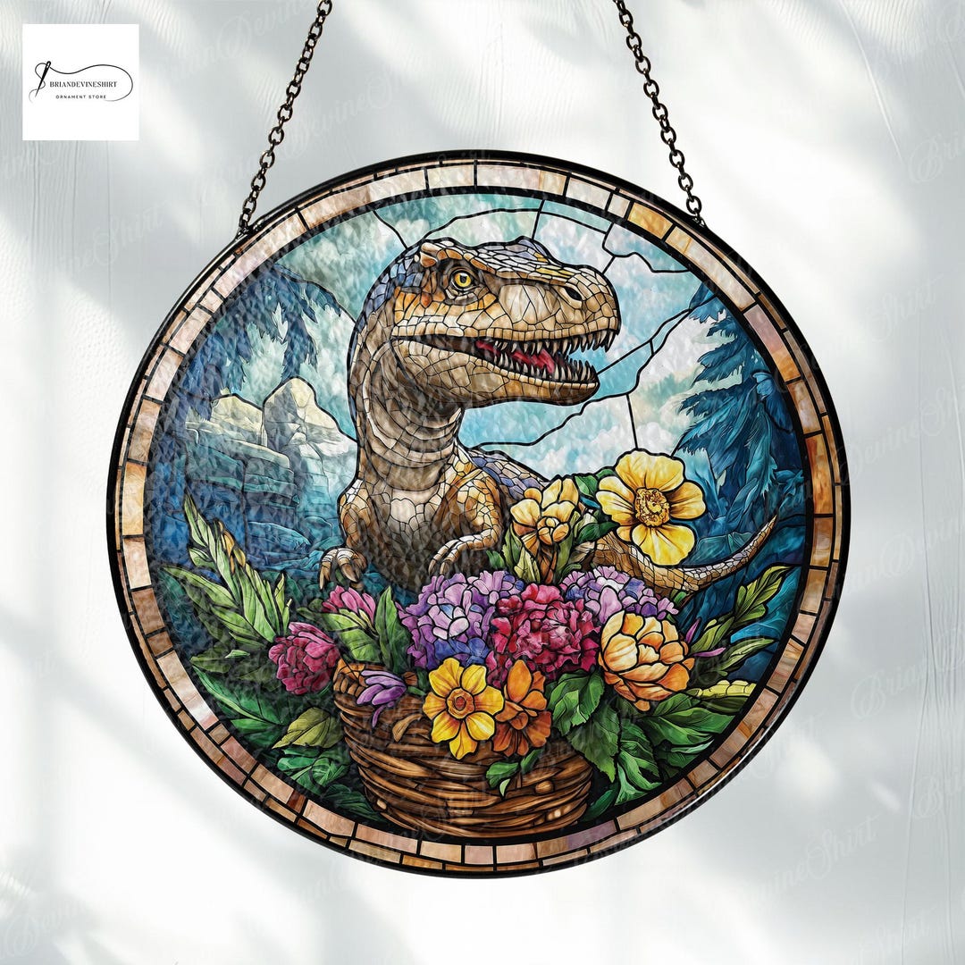Stained Glass Suncatcher T-rex Dinosaur With Flowers, Handcrafted ...