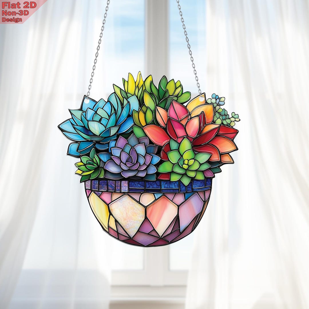Acrylic 2D Flat Succulent Flower Pot Window Hanging, Colorful Ornament ...