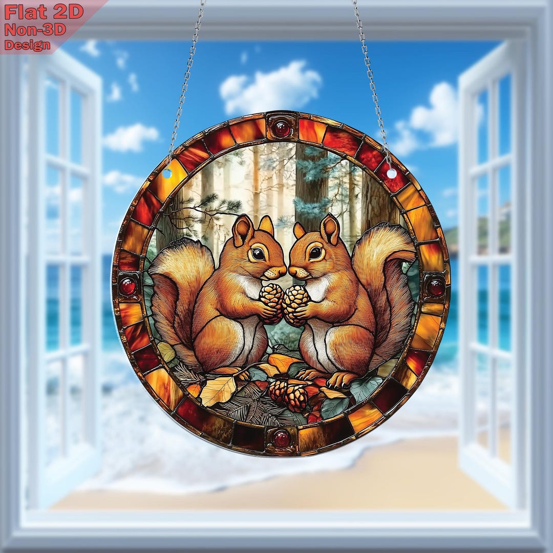 Acrylic 2D Flat Squirrels With Pinecones Window Hanging Ornament ...