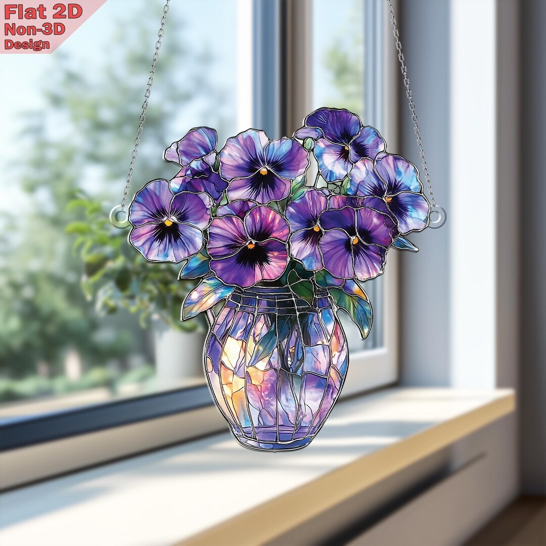 Acrylic 2D Flat Pansy Flower Vase Window Hanging Ornament, Purple ...