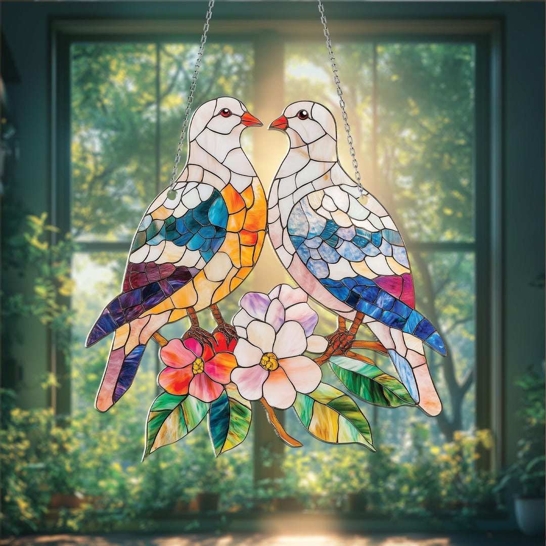 Acrylic 2D Flat Doves & Magnolia Window Hanging, Lovebirds Suncatcher ...