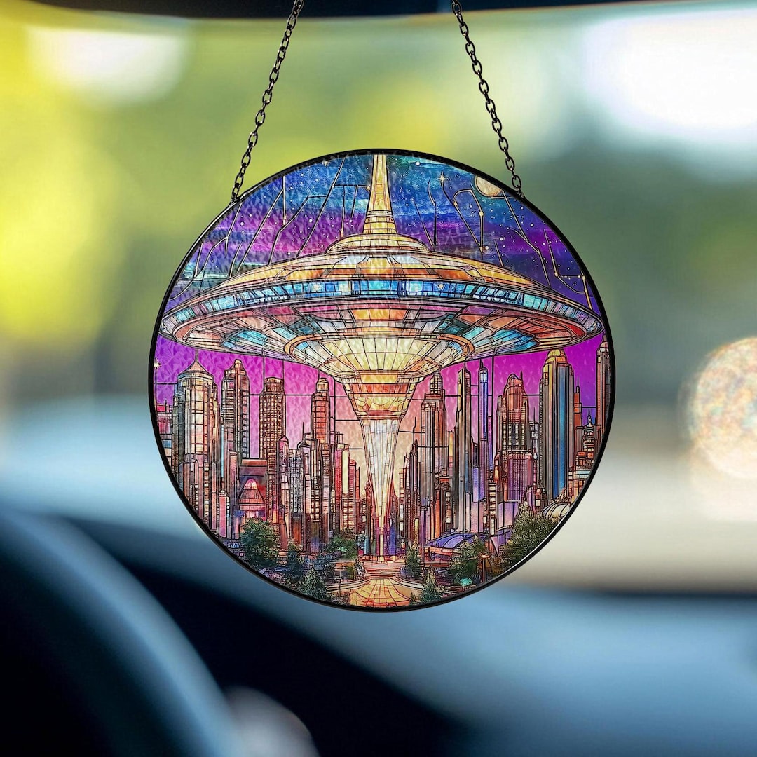 Futuristic City and Spaceship Stained Glass Suncatcher, Sci-fi Skylines ...