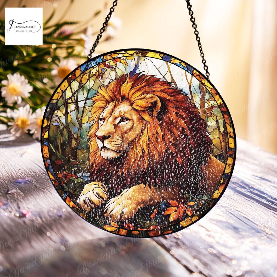 Stunning Stained Glass Suncatcher Lion in Nature, Majestic Lion Window ...