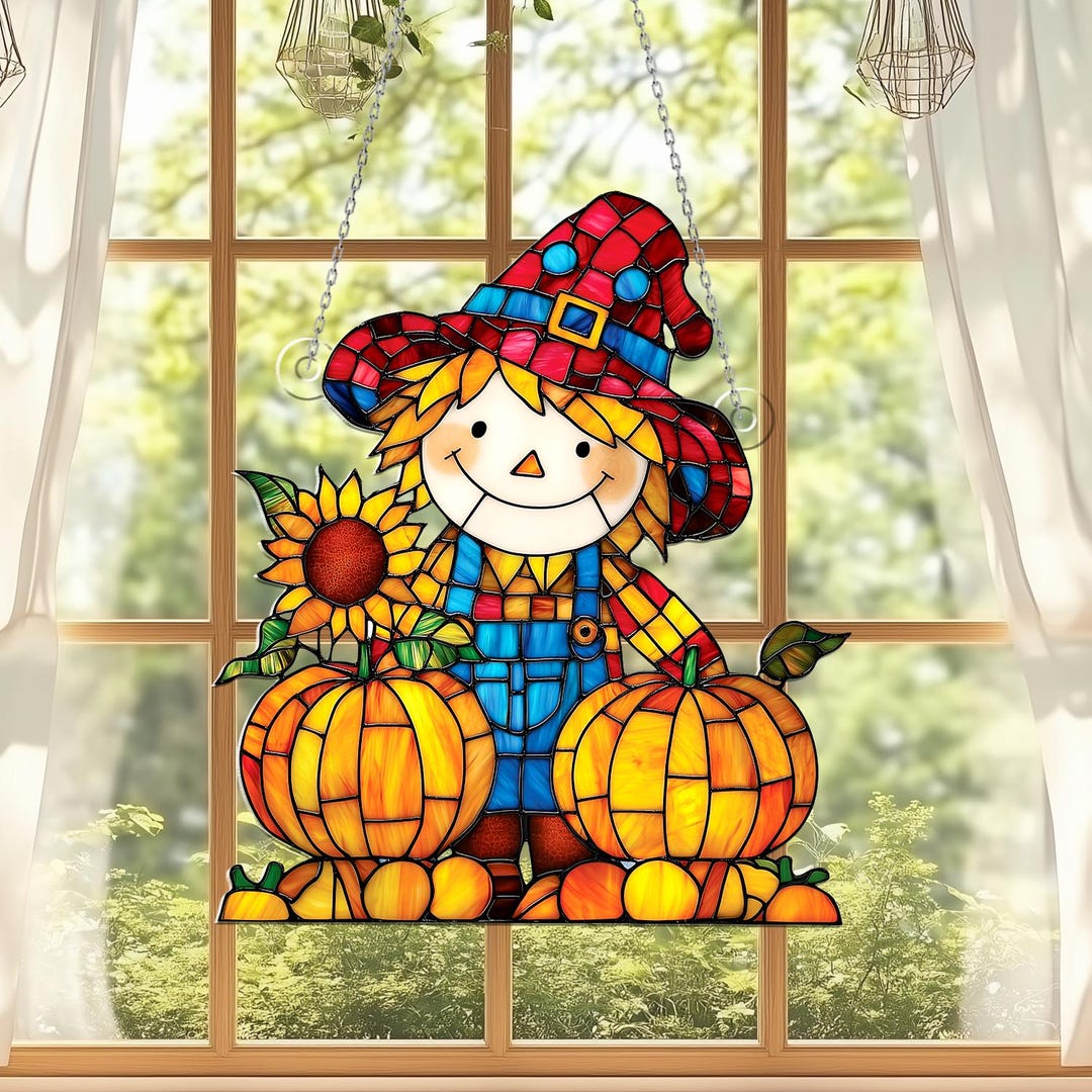 Cute Scarecrow Window Hanging, Fall Pumpkin Acrylic Decor, Sunflower ...