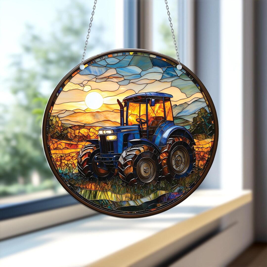 Farm Tractor Acrylic 2D Window Hanging, Rustic Tractor Art, Blue ...