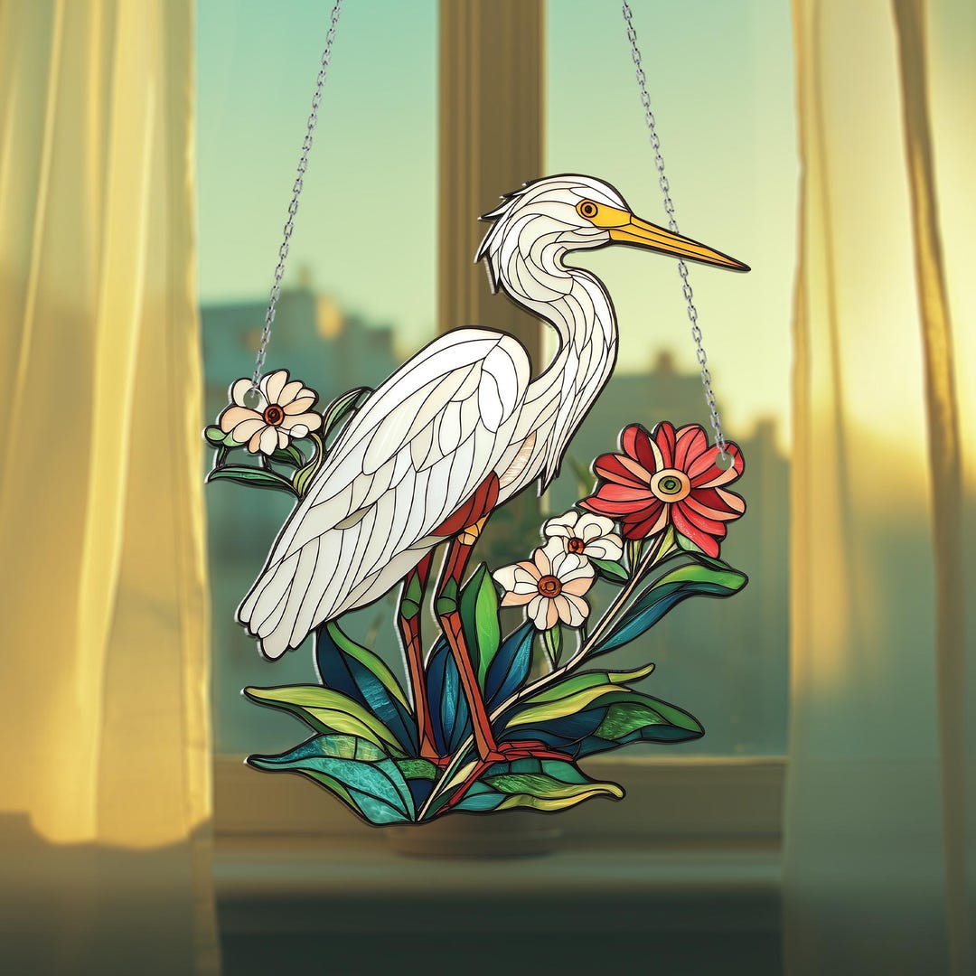 Acrylic 2D Flat Crane Window Hanging, Vibrant Floral Ornament, Elegant ...