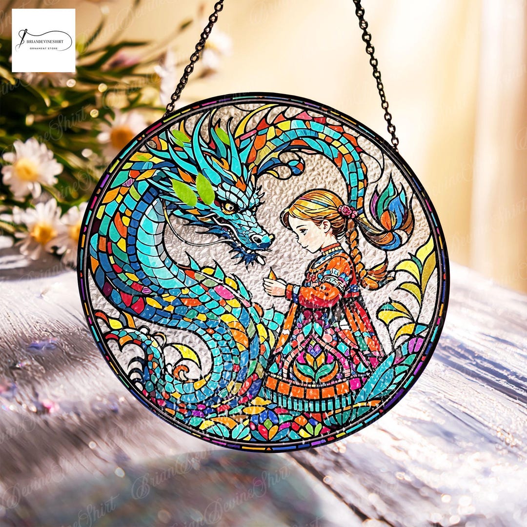 Dragon and Girl Stained Glass Suncatcher , Colorful Fantasy Glass Art ...