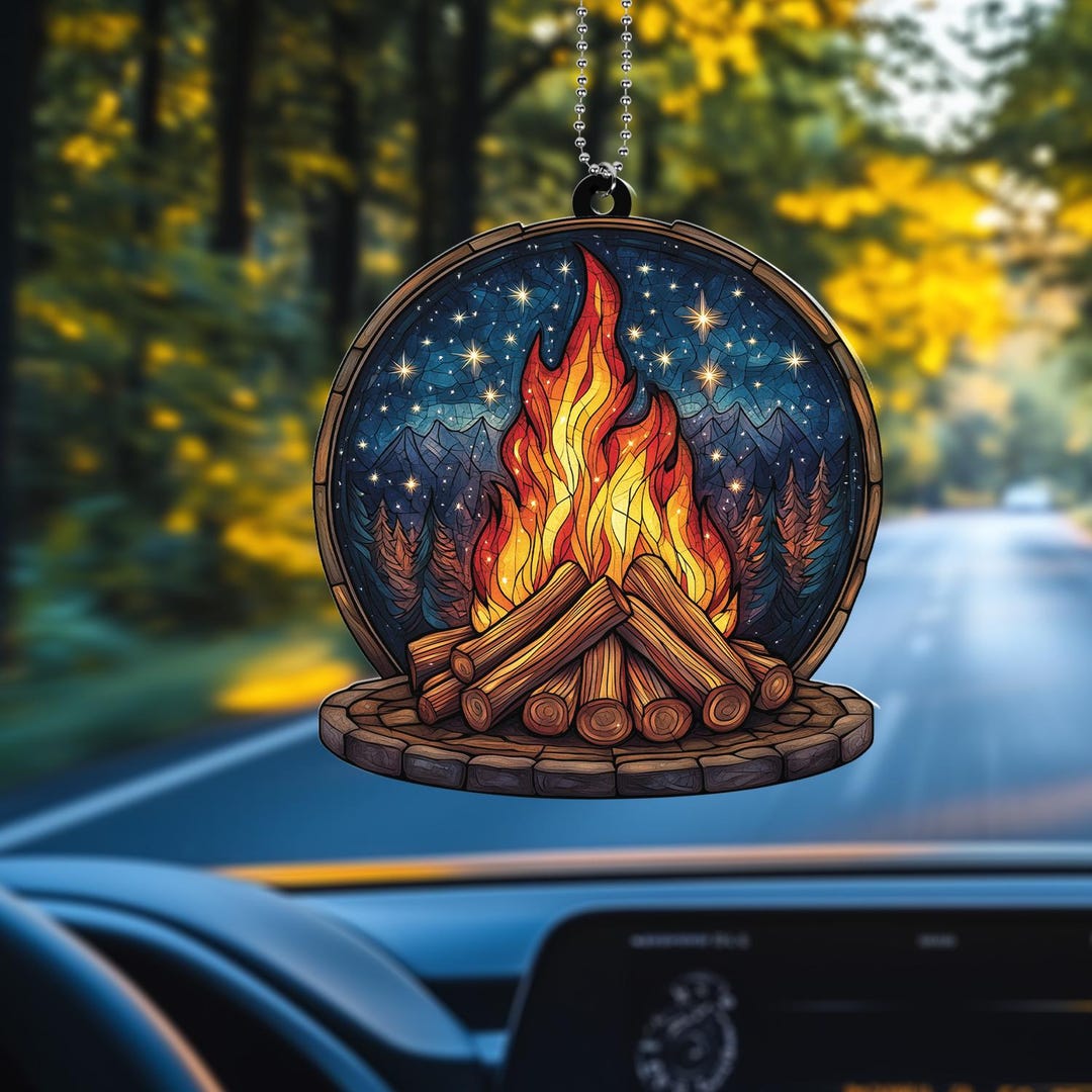 Acrylic 2D Flat Campfire Car Hanging, Cozy Bonfire Ornament, Adventure ...