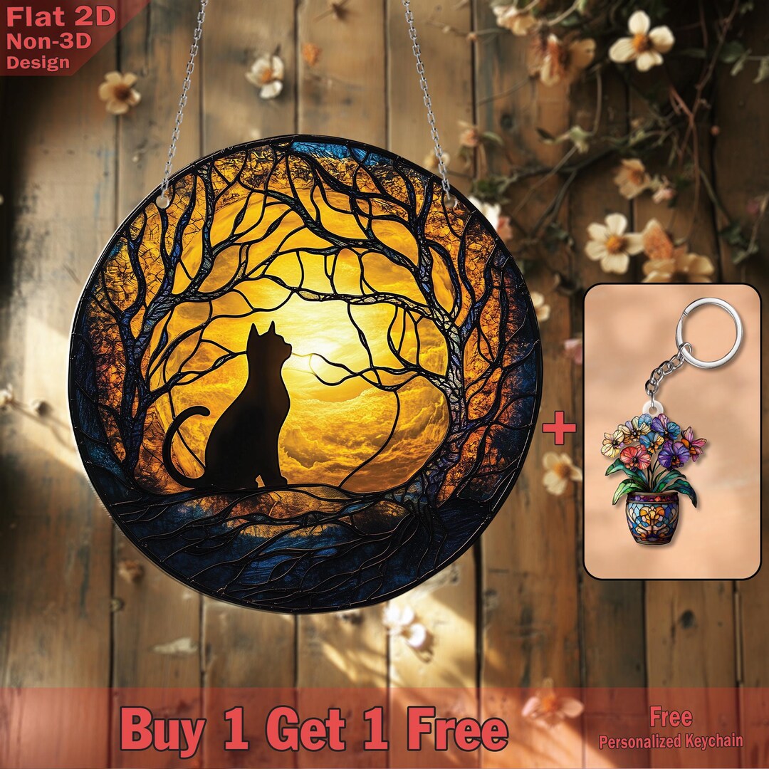 Black Cat & Moon Acrylic 2D Flat Wall Art, Mystical Cat Window Hanging ...