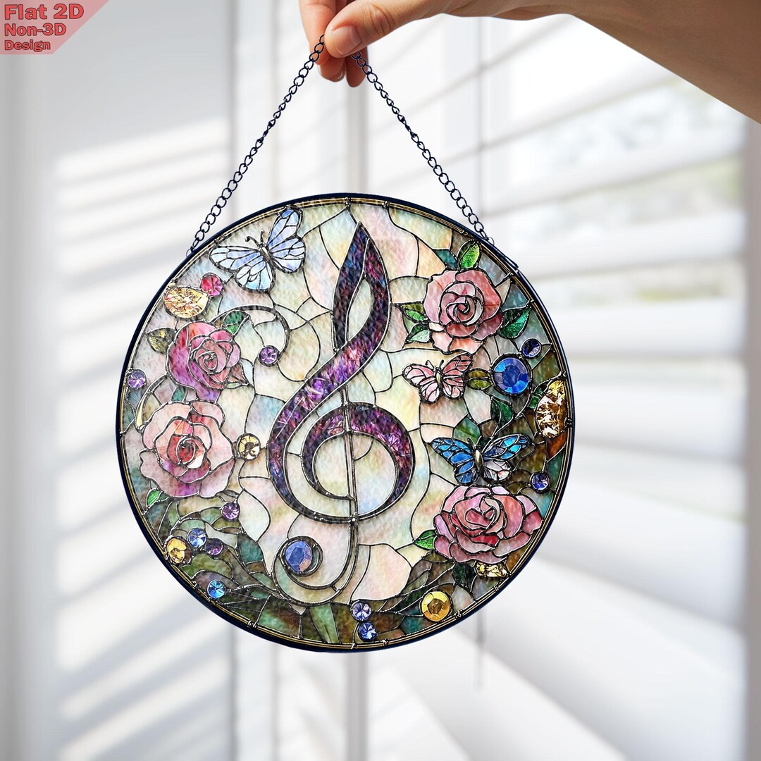 Music Note Stained Glass Suncatcher, Floral Window Hanging, Treble Clef ...