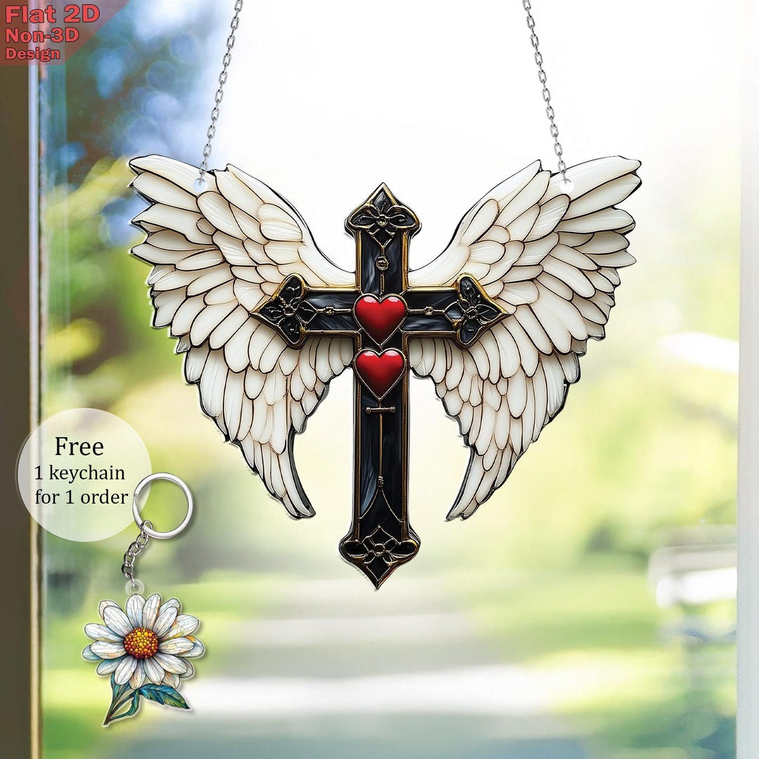Acrylic 2D Flat Angel Wings Cross Window Hanging, Fantasy Car Charm ...