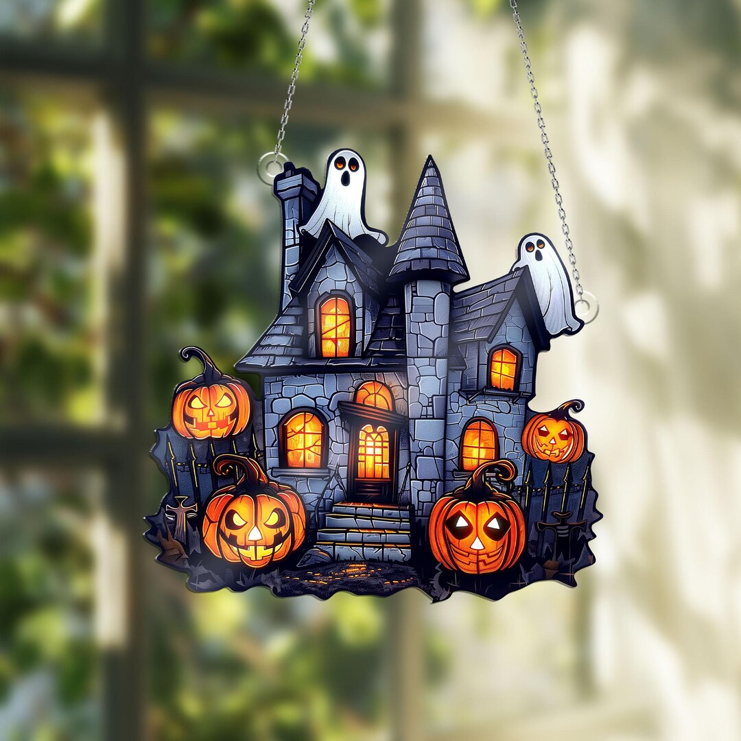 Spooky Haunted House Acrylic Window Hanging With Glowing Pumpkins ...