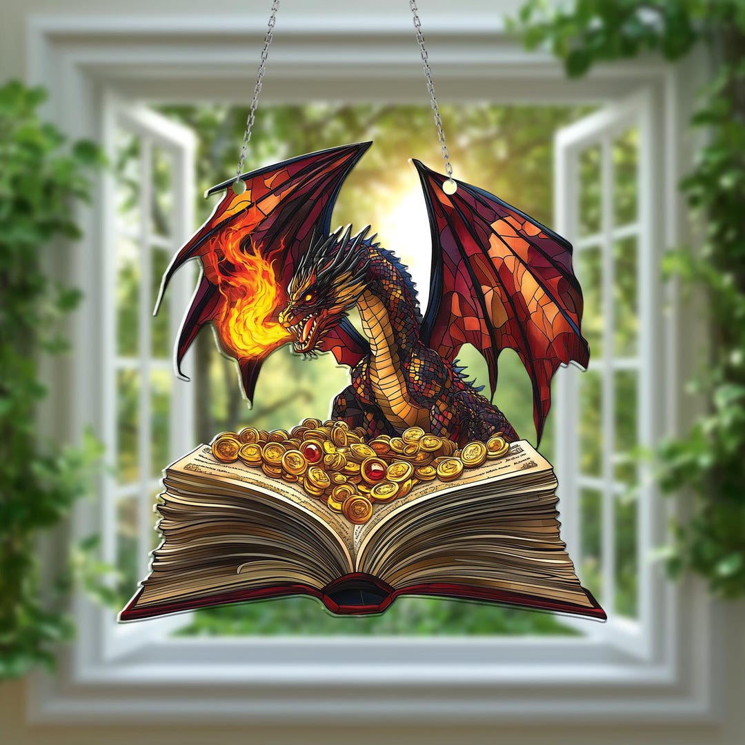 Acrylic 2D Flat Treasure Hoarding Dragon Book Window Hanging, Fantasy ...